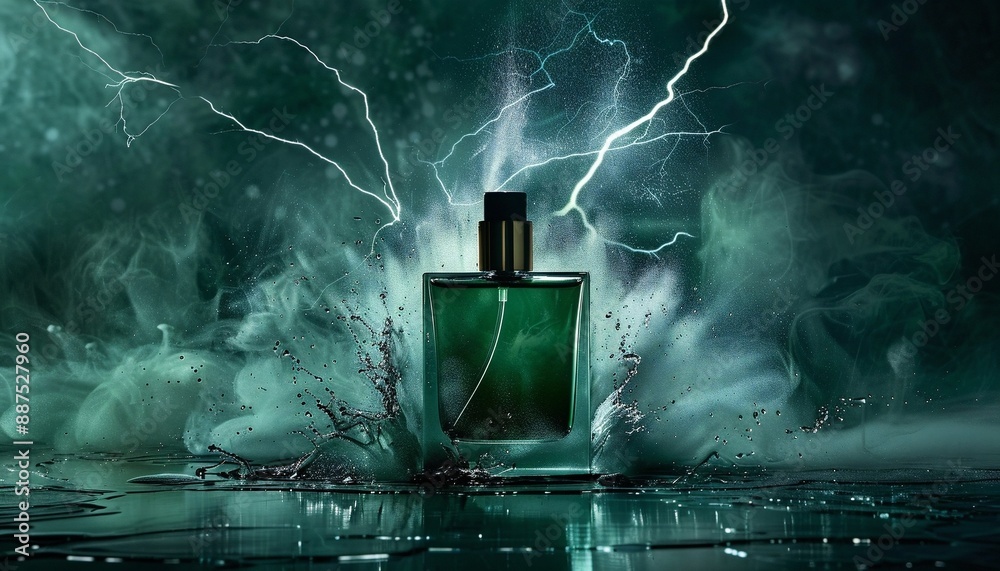 green perfume bottle isolated on dark black lightning background ...