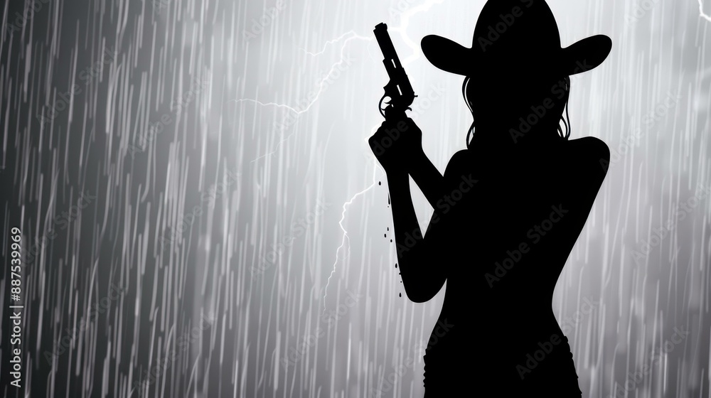 Eerie D illustration of a sinister cowboy in a hat, soaked in rain with ...