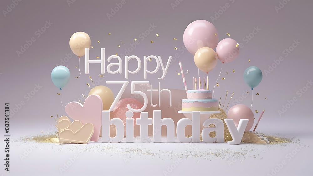 Minimalist 3D Pastel theme Happy 75th Birthday Background With Illustration Of Cake, Balloons ...