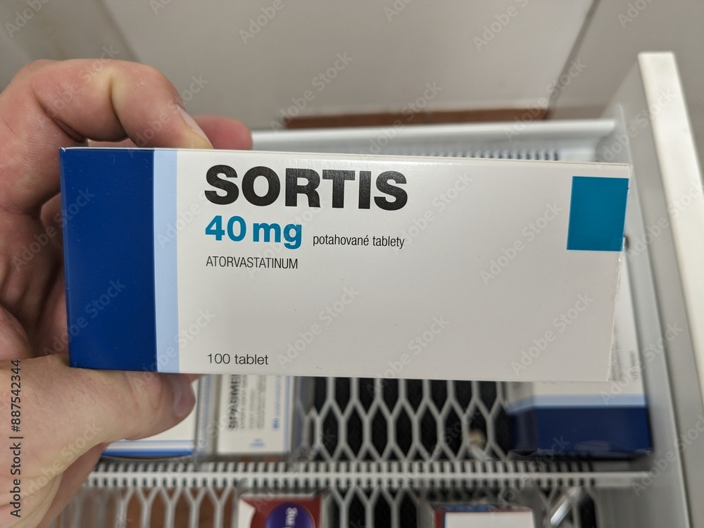 Prague, Czech Republic - July 10 2024: SORTIS box of medication with ...