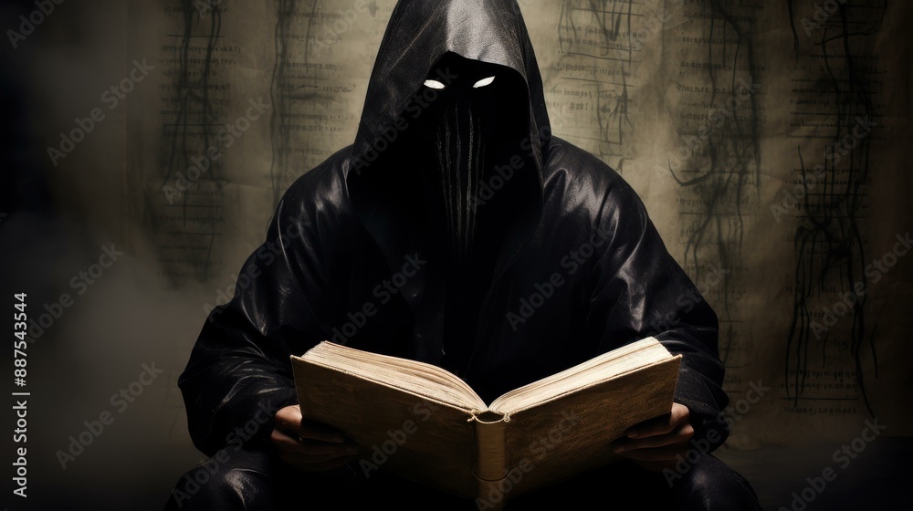 Chilling Gothic figure in glass robe adorned with eerie symbols ...