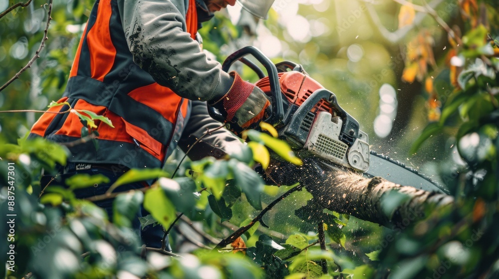 An arborist, wearing safety gear, uses a chainsaw to trim a branch from ...