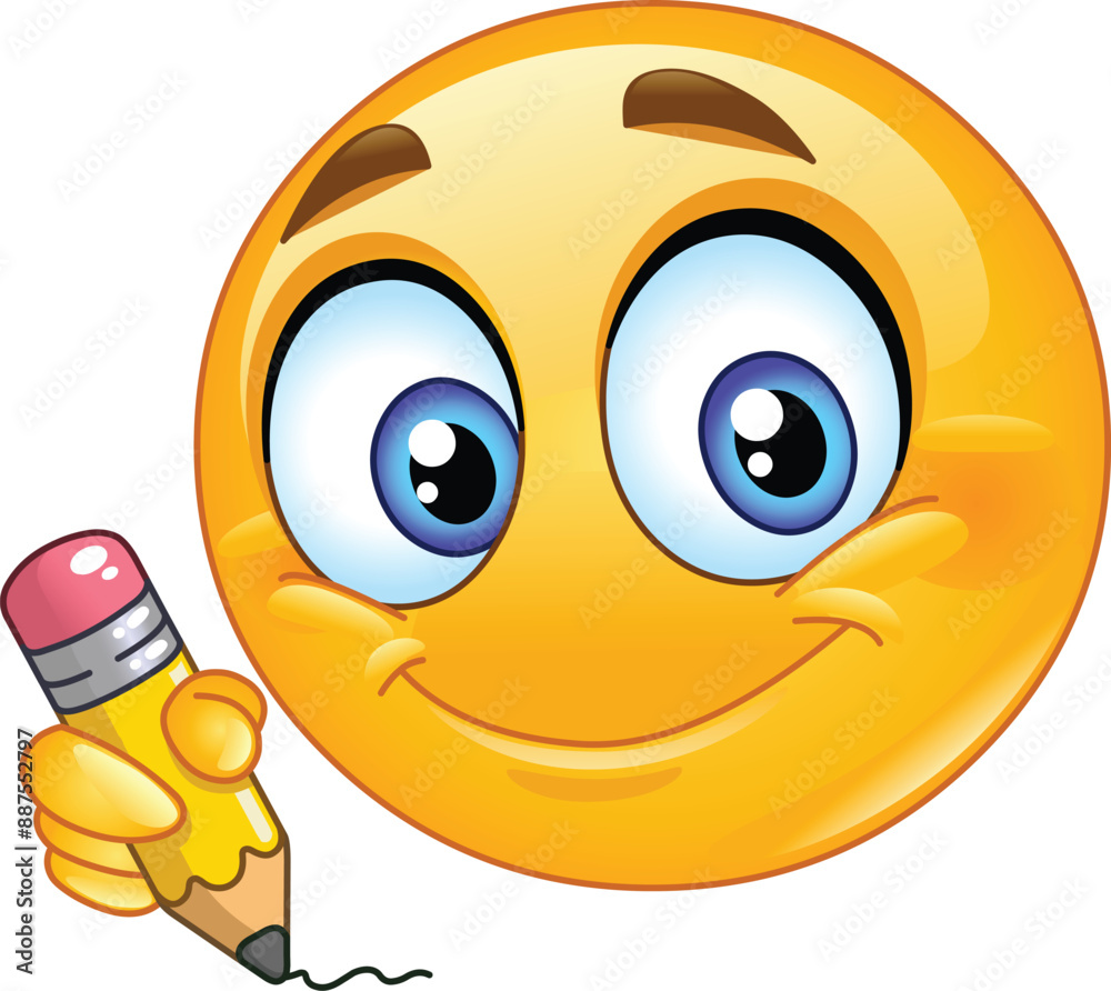 Emoticon with Pencil Happy emoji emoticon holding a pencil and writing ...
