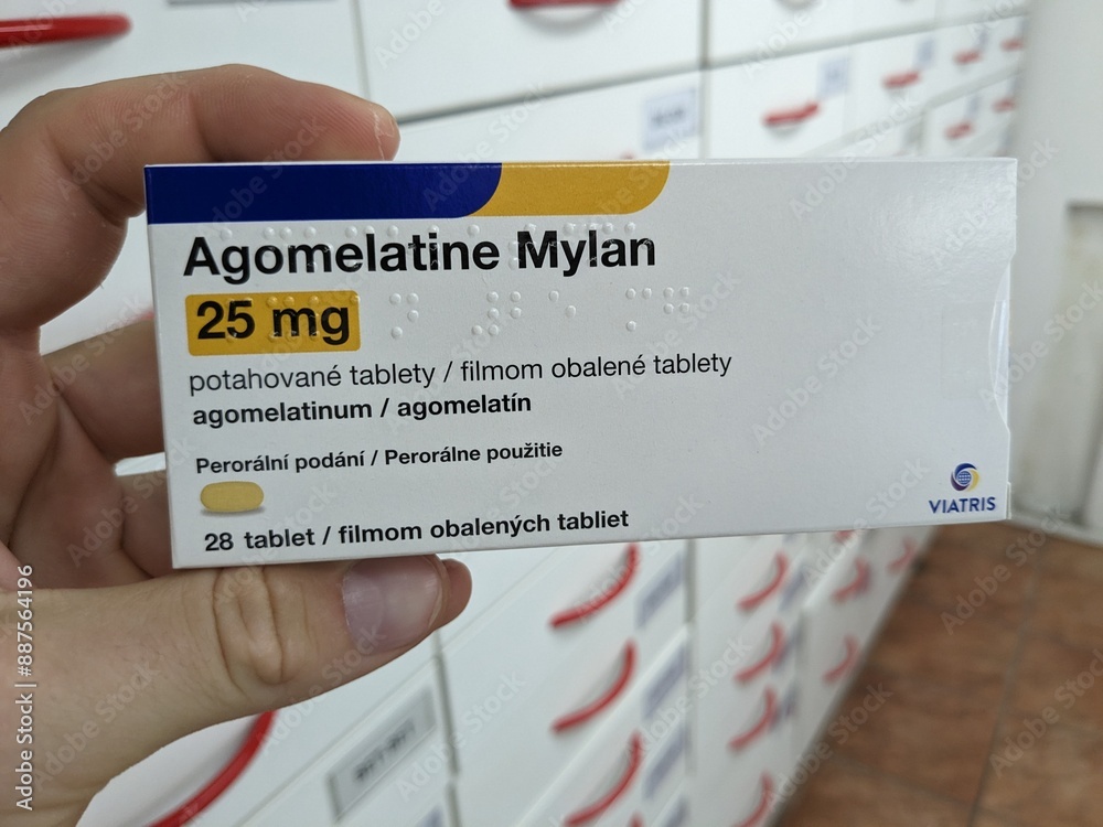 Prague, Czech Republic - July 10 2024: AGOMELATIN MYLAN box of ...