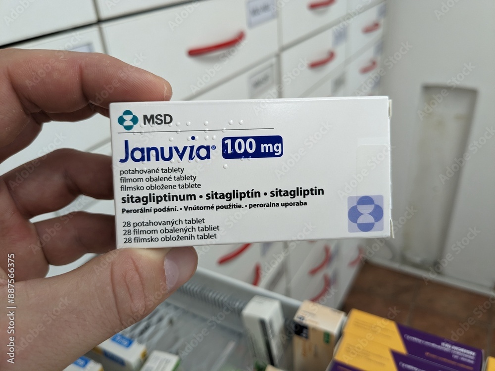 Prague, Czech Republic - July 10 2024: JANUVIA box of medication with ...