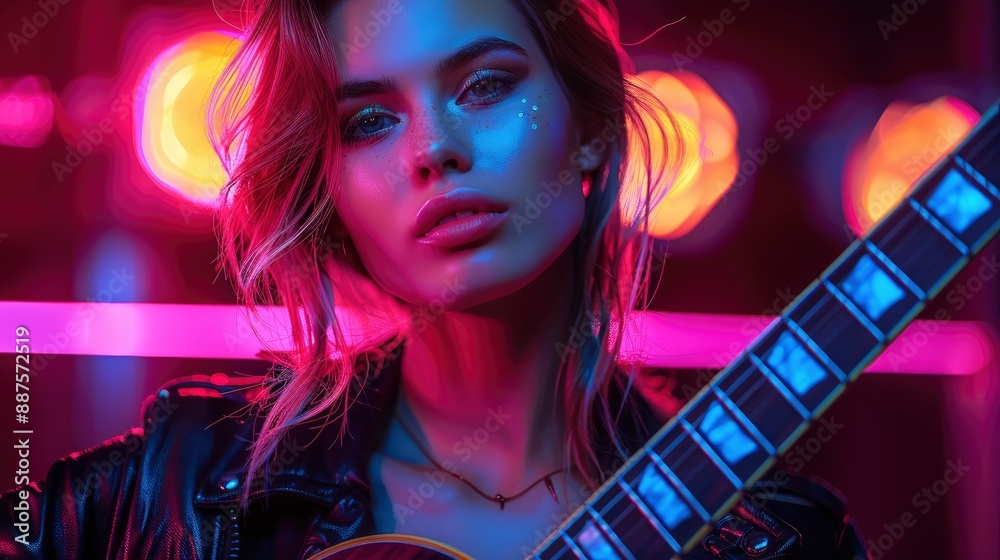 Beautiful Young Girl Rocker With An Electric Guitar, A Rock Musician ...