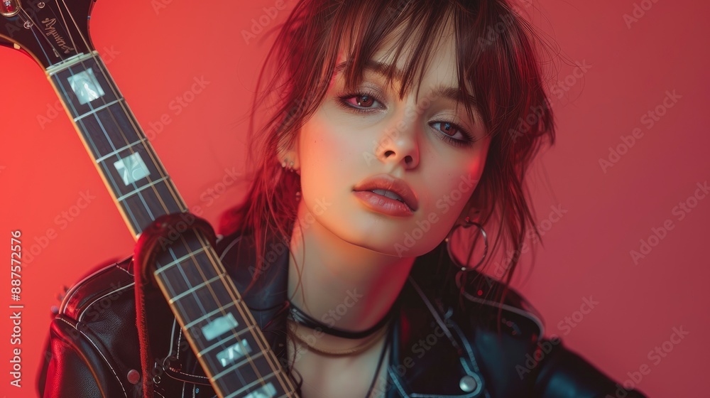Beautiful Young Girl Rocker With An Electric Guitar, A Rock Musician ...