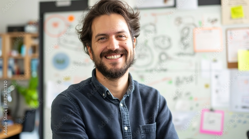 Smiling Male Product Manager in Casual Clothes with Whiteboard of ...