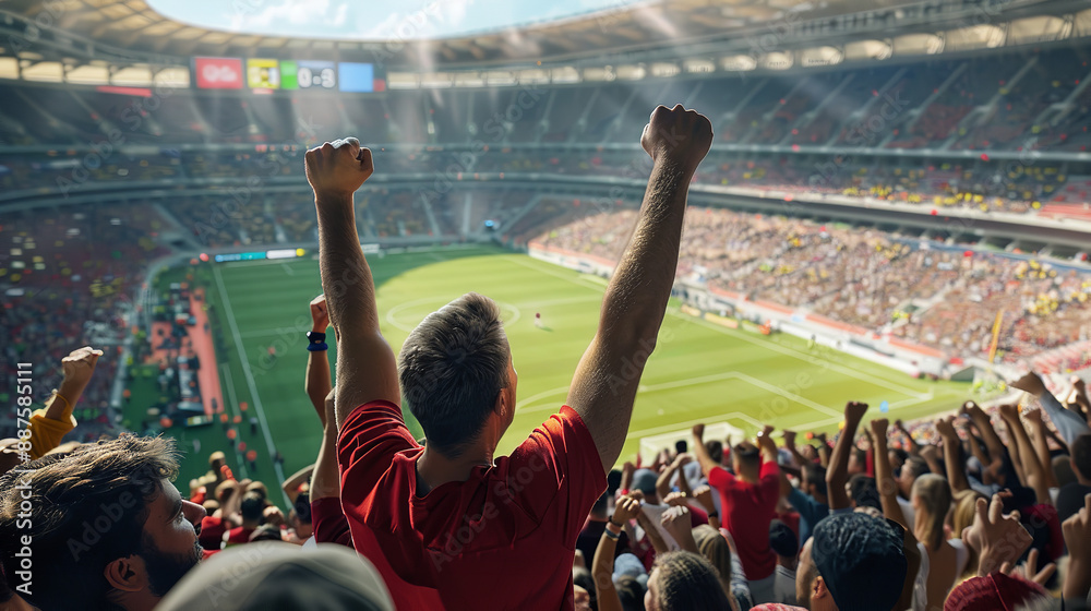 Excited sports fans cheer passionately in a bustling stadium, their ...