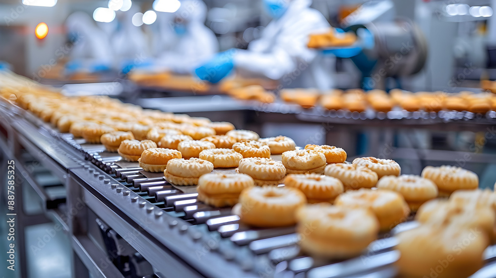 Bustling assembly line of neatly packaged snacks and baked goods ...
