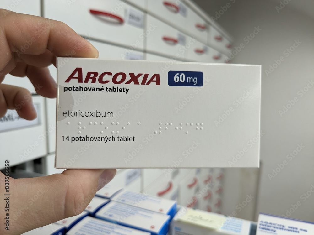 Prague, Czech Republic - July 10 2024: ARCOXIA box of medication with ...