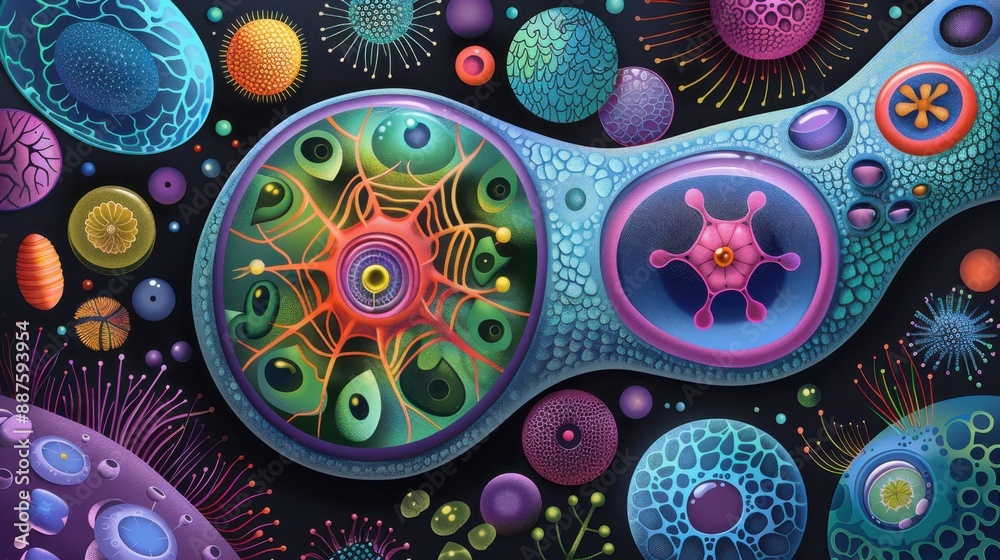 A detailed illustration of diatoms and organelles within a cell ...