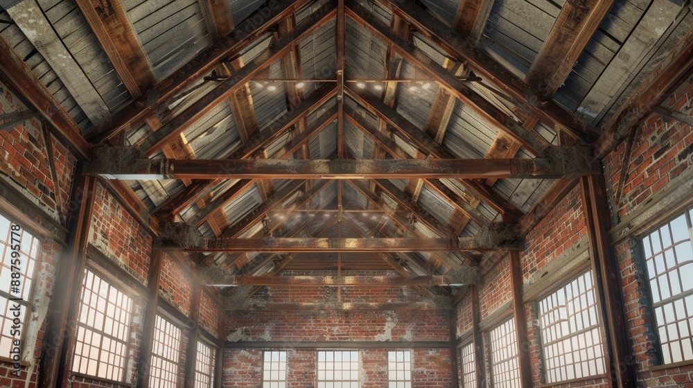 Gable roof truss of a large vintage factory hall Roofing construction ...