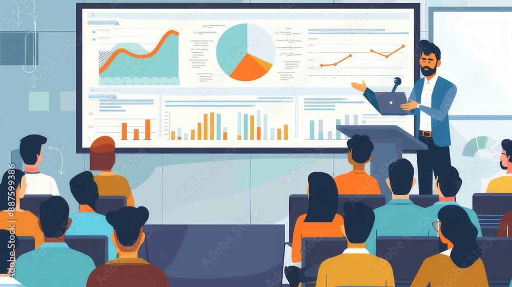 Male coach hold seminar for staff, makes presentation, provides sales ...