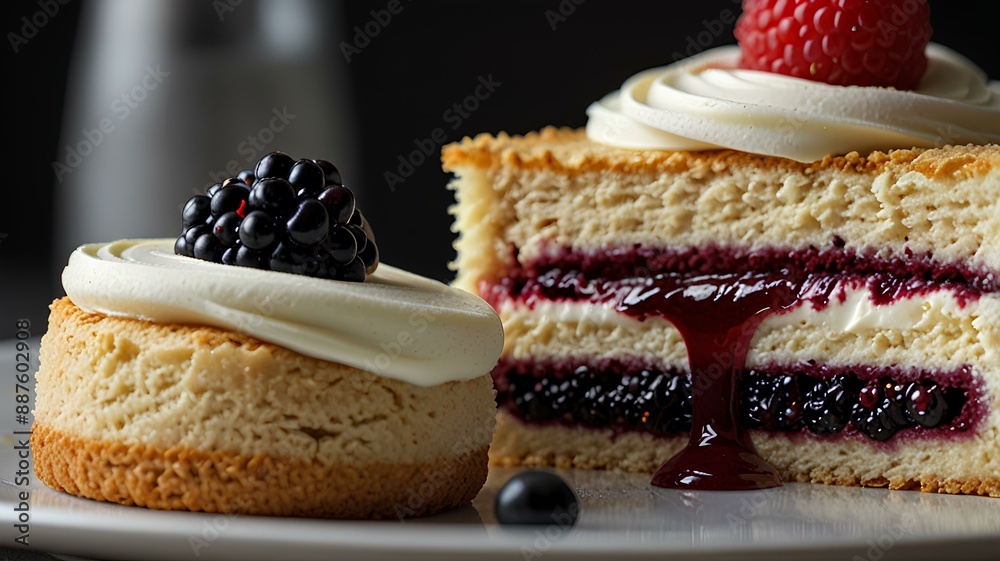 Cross-section of berry biscuit. Cake with cream cheese mousse and ...