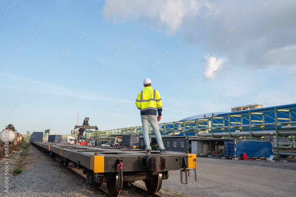 Engineer railway wearing safety uniform and helmet under checking train ...