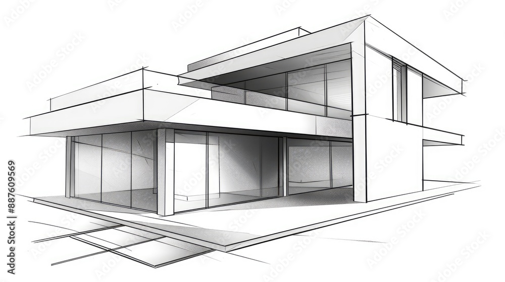 Detailed Architectural Drawing of Modern House - High-Resolution Sketch ...