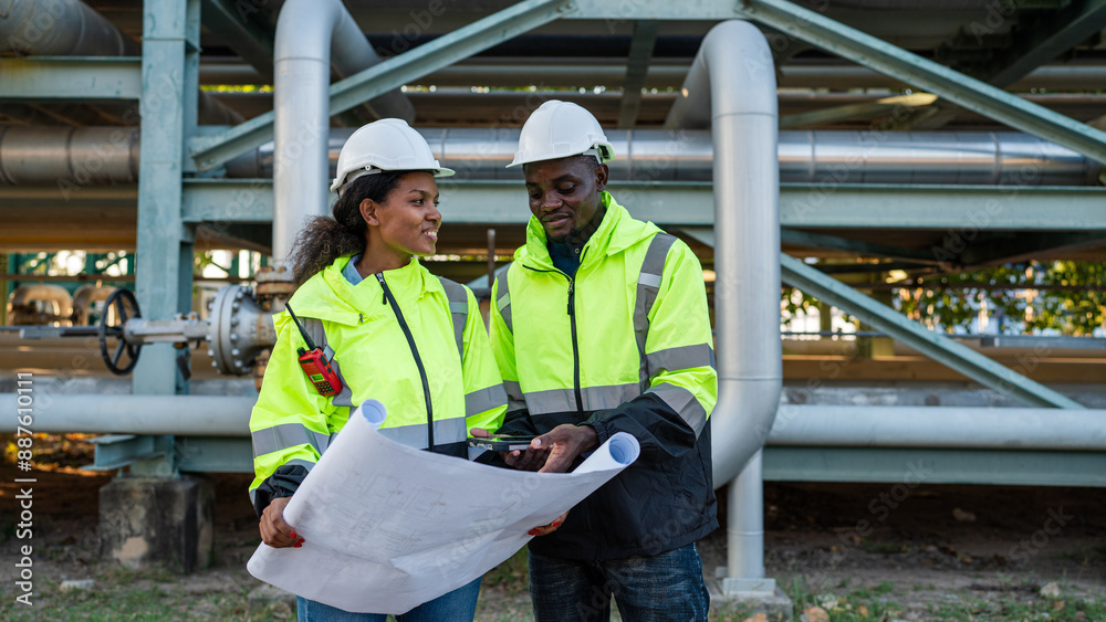 Young mechanical engineer holding blueprint drawing to checking and ...