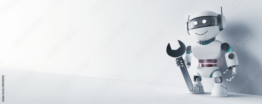 Happy robot holding a wrench against a white background, banner with ...