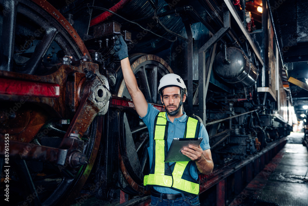 Engineer railway wearing safety uniform and helmet under checking under ...