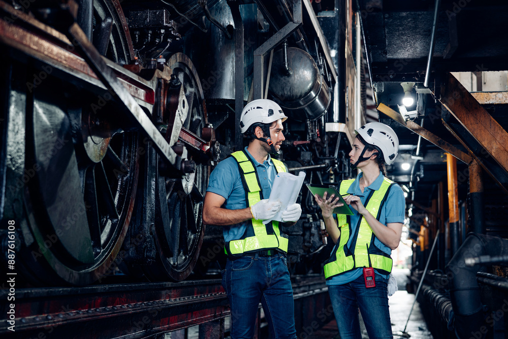 Team of engineer railway wearing safety uniform and helmet under ...