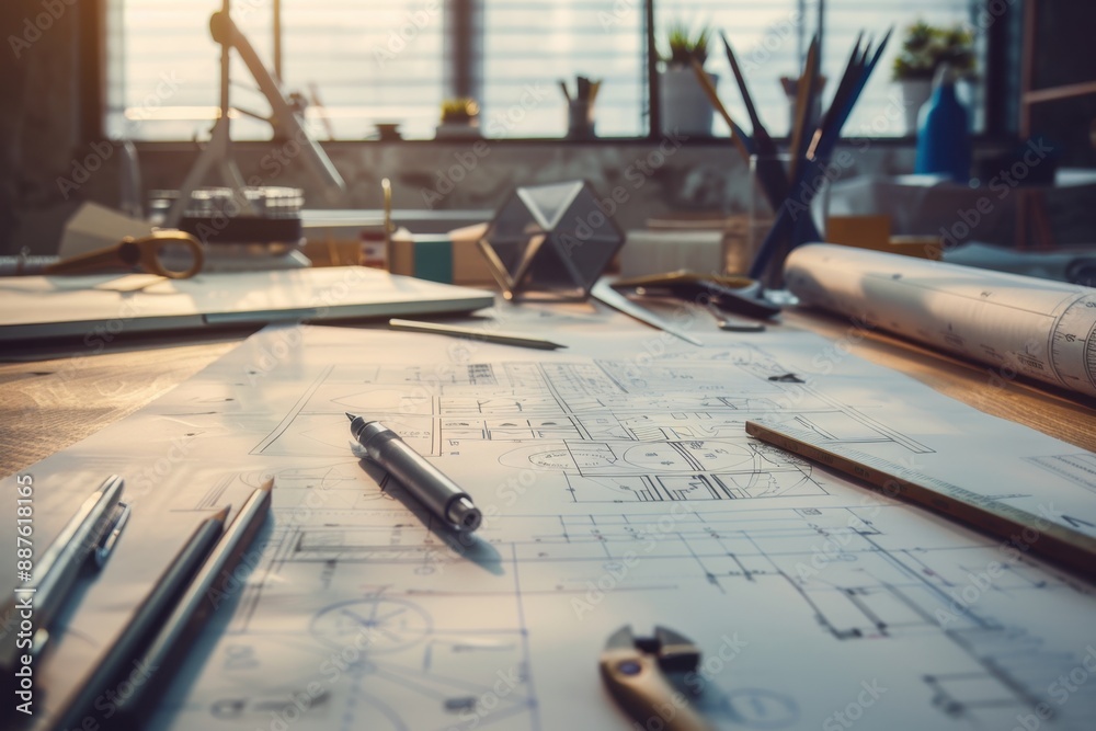 Architectural blueprints, sketches, and tools arrangement concept with ...