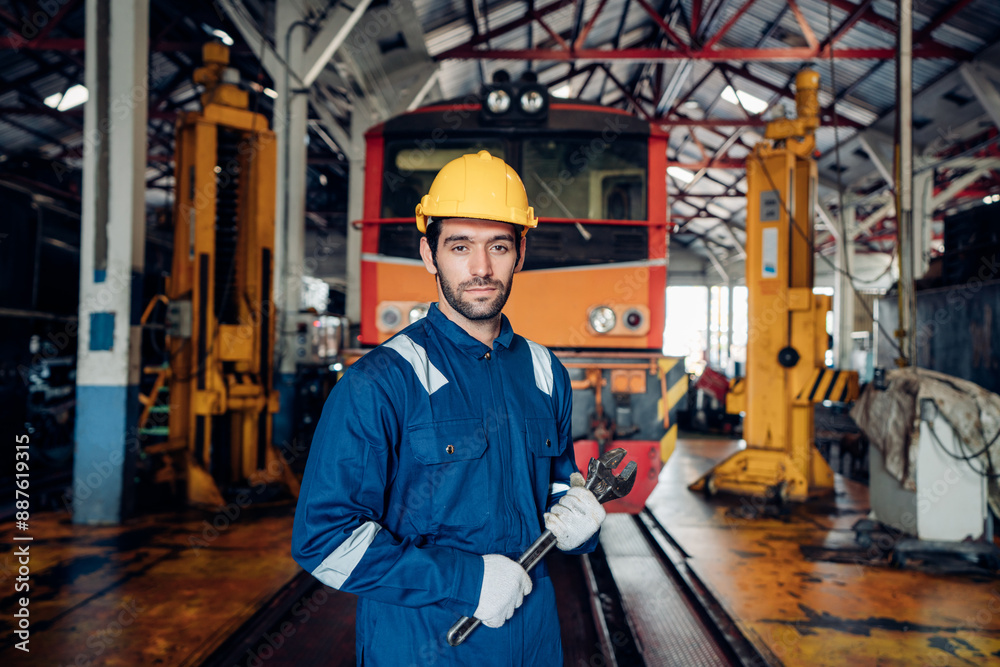 Engineer railway wearing safety uniform and helmet under checking under ...