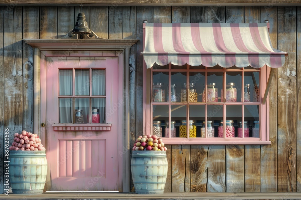 Old-fashioned wooden candy store with a pastel pink door, striped ...