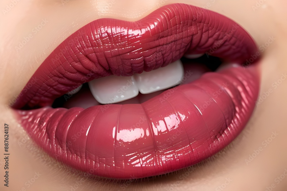 beautiful young woman luscious, full, pouty red lips, lipstick, closeup ...