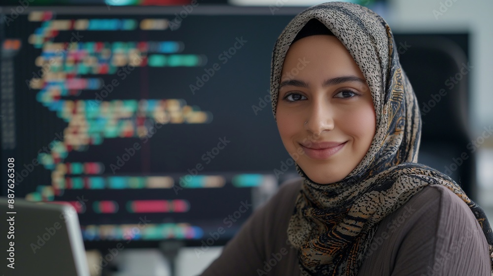 Confident Hijab Wearing Female Computer Scientist with Code and Data on ...