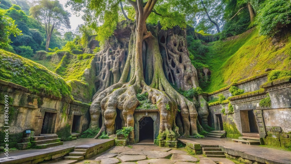 Majestic Ceiba tree in the mystical ambiance of Goa Gajah Cave at Pura ...