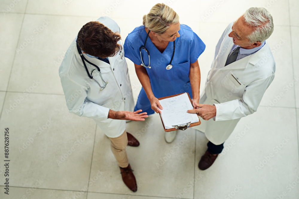 Group of doctors, checklist and research for surgery as neurosurgeon in ...