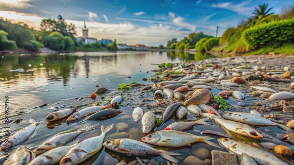 polluted river scene with garbage, dead fish, and murky water, garbage ...