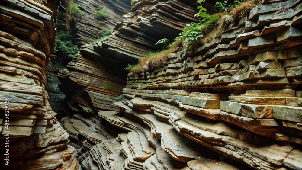 A close-up shot of the textured rock walls of a deep ravine, showing ...