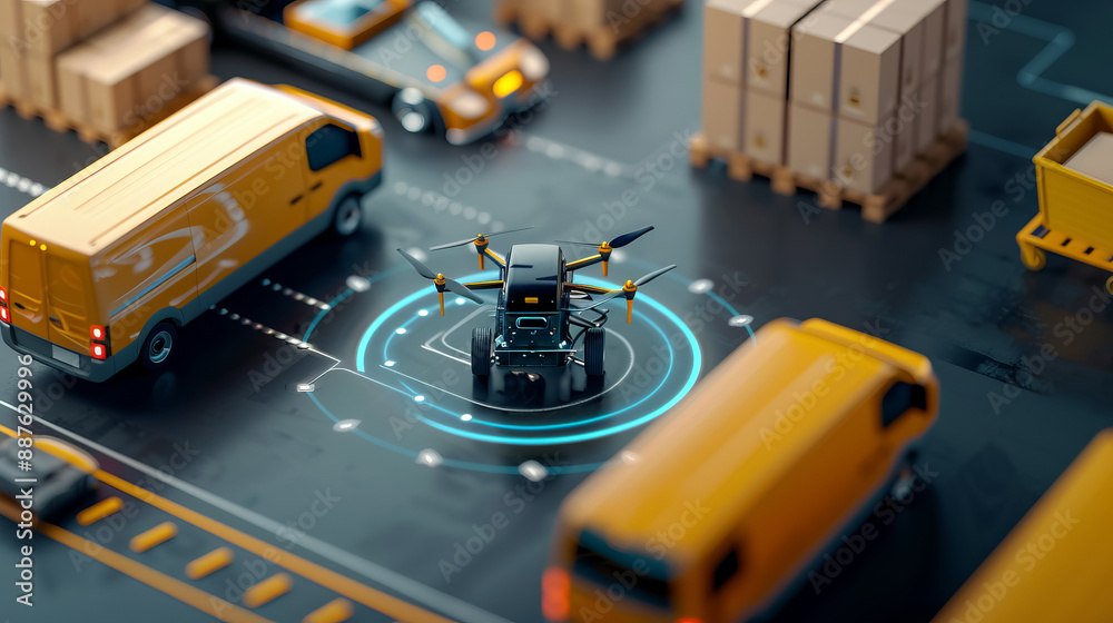 Futuristic logistics concept with drones and delivery trucks in a ...