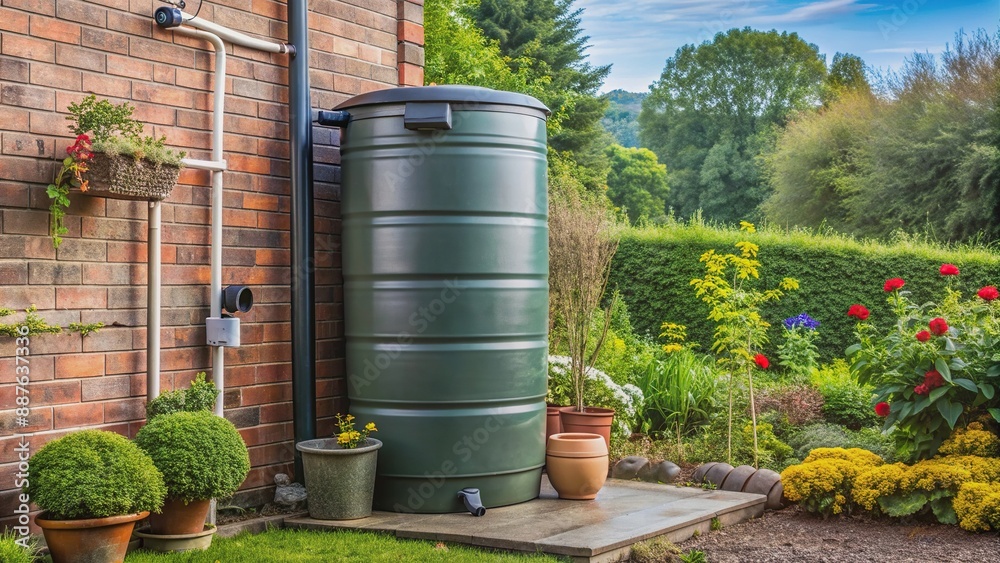 Rainwater harvesting system in use in garden with rain barrel for water ...