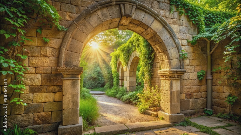 Sunlight illuminates ancient stone archway structure, highlighting ...