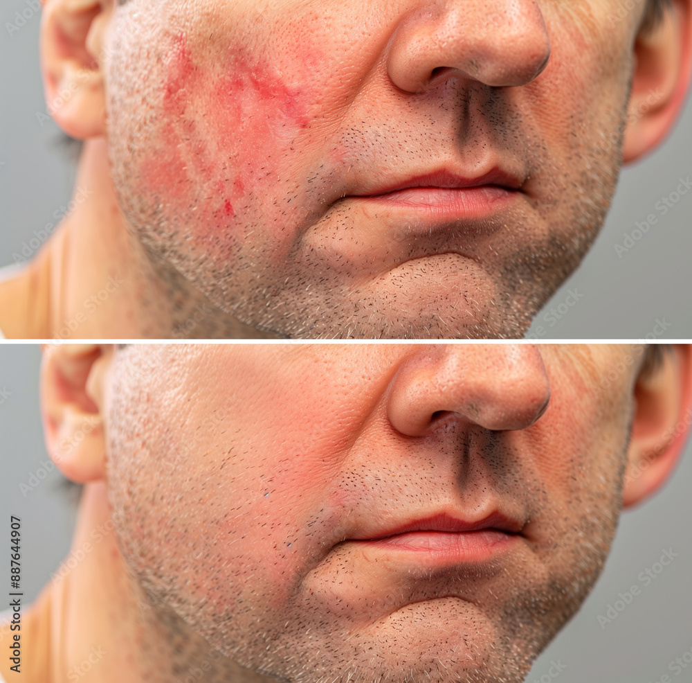 Rosacea & Skin Conditions : Men's Faces, Before After Treatment. Close ...