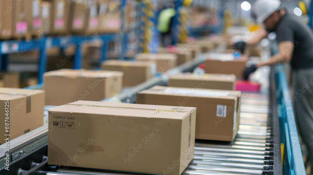 Cardboard boxes on conveyor belt in warehouse with worker sorting ...