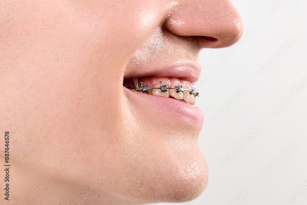 A close-up side profile of an individual smiling, showcasing dental ...