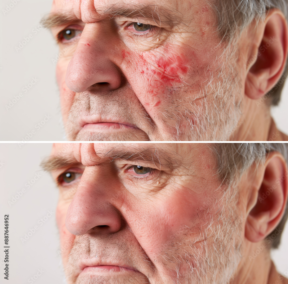 Rosacea & Skin Conditions : Men's Faces, Before After Treatment. Close ...