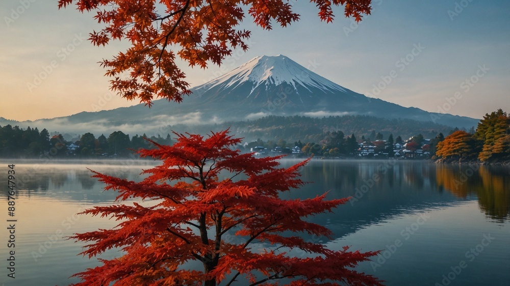 Colorful Autumn Season and Mountain Fuji with morning fog and red ...