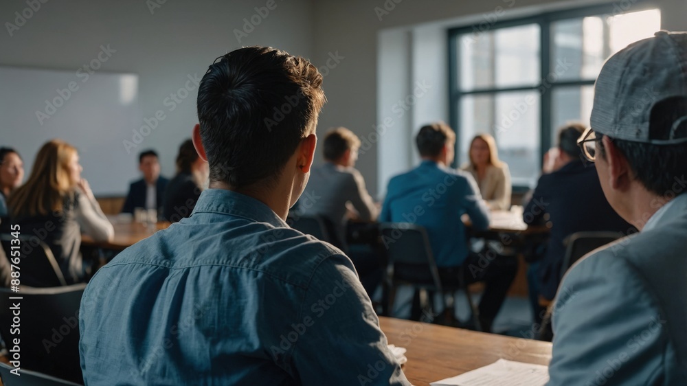 Team members sitting around a table and attending a meeting in a modern ...