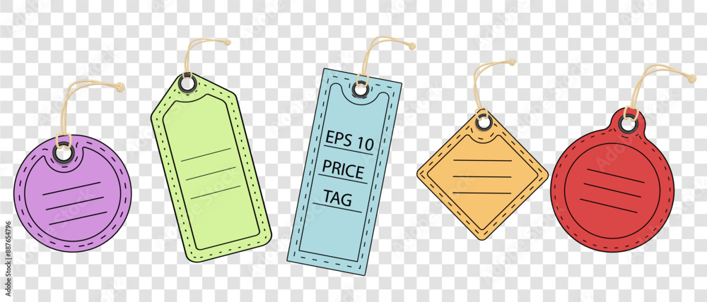 Set of colored tags and labels - round, square, rectangular on a clean ...