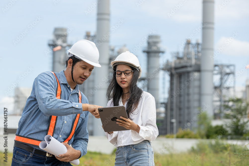 Engineer with blueprint and tablet working factory producing ...