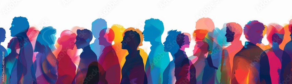 The image shows many people talking. Colored silhouette profiles ...