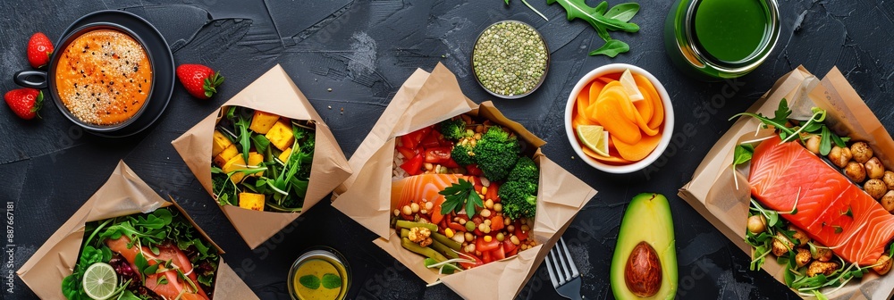 daily ready menu with a black background featuring fresh food in paper ...