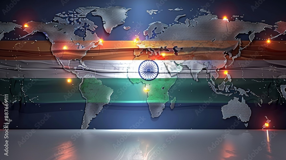 World map centered on India . map of India. Indian flag Stock ...