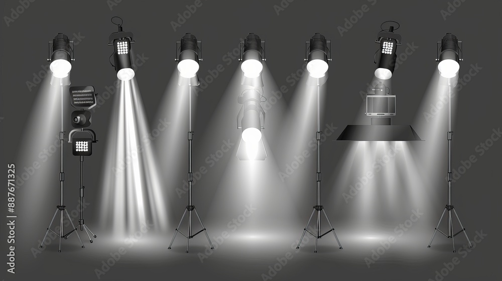 Set of spotlights, realistic hanging and standing lamps, stage and ...