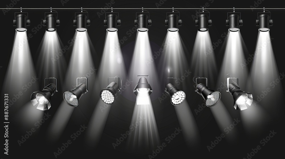 Set of spotlights, realistic hanging and standing lamps, stage and ...